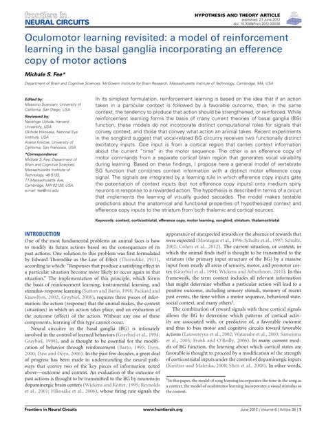 Pdf Oculomotor Learning Revisited A Model Of Reinforcement Learning In The Basal Ganglia
