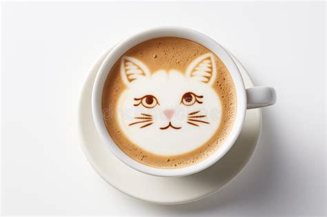 Cute Cat Latte Art Coffee In White Cup On Wood Table Cute Cat