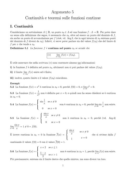 Continuit`a E Teoremi Sulle Funzioni Continue Continuit`a