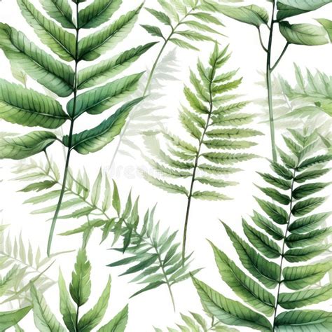 Delicate Watercolor Ferns Seamless Pattern Ai Generated Stock