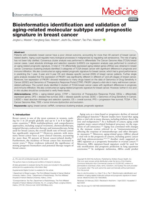 Pdf Bioinformatics Identification And Validation Of Aging‑related Molecular Subtype And