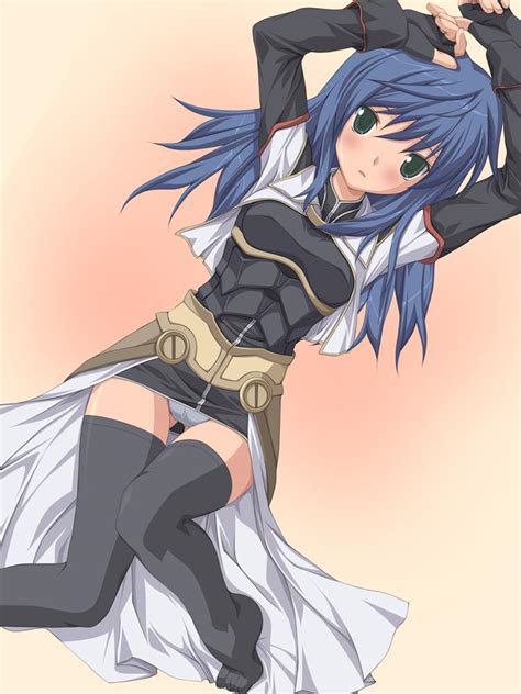 rule 34 arms up black legwear black thighhighs blue hair blush