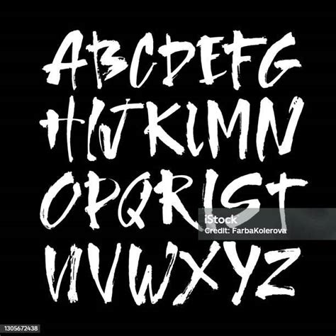 向量丙烯酸刷風格手繪字母表字體黑色背景上的書法字母表向量圖形及更多一組物體圖片 一組物體 丙稀畫 剪裁圖 Istock
