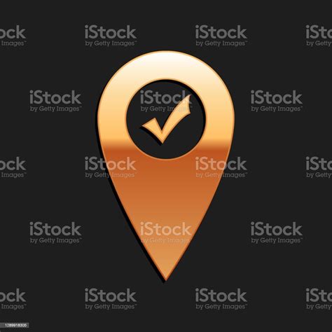 Gold Map Pointer With Check Mark Icon Isolated On Black Background Marker Location Sign Tick