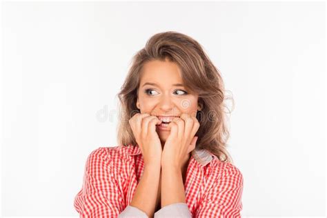 Portrait Of Scared Woman Waiting For Special Moment Biting Nails Stock