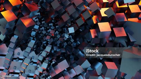 금속 큐브 폭발 사각형 모양과 붉은 빛 현대 그래픽 배경 3d 그림 블록에 대한 스톡 사진 및 기타 이미지 블록 3차원 형태 폭발 Istock