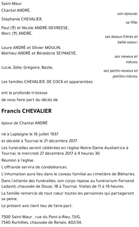 Avis de décès de Francis CHEVALIER décédé le 21 12 2017 à Tournai