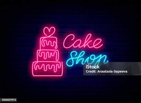 벽돌 벽에 케이크 가게 네온 엠블럼 달콤한 바 한 줄 도면 격리된 벡터 스톡 일러스트레이션 개념에 대한 스톡 벡터 아트 및 기타 이미지 Istock