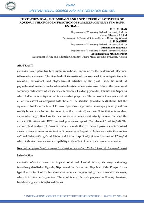 Pdf Phytochemical Antioxidant And Antimicrobial Activities Of The Stem Bark Extract Of
