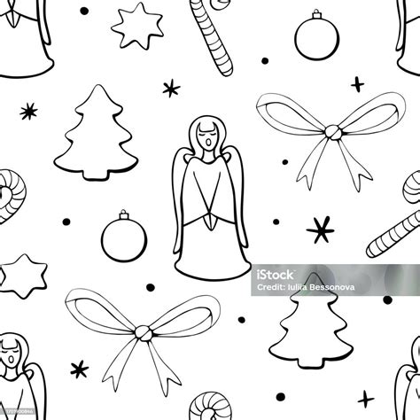 축제 상징의 벡터 매끄러운 패턴 크리스마스 트리 노래하는 천사 사탕 지팡이 별 낙서 스타일의 크리스마스 공의 인물 Xmas 배경과 질감 검은색에 대한 스톡 벡터 아트 및