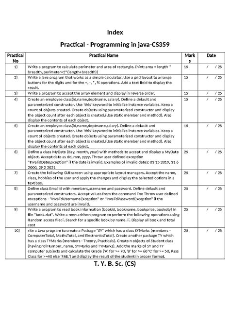 Ty Bsc Ca Java Practical Index Programs And Class Definitions Studocu
