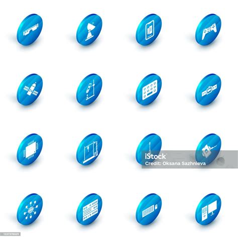 세트 레이더 스마트 폰 휴대 전화 게임 패드 위성 마이크로 회로 Cpu프로세서 테스트 튜브 플라스크 화재 스마트 워치와 물집 팩 아이콘에 알약 벡터 3차원 형태에 대한 스톡