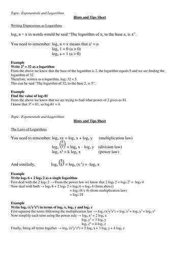 Logarithms Hints And Tips Sheet Teaching Resources