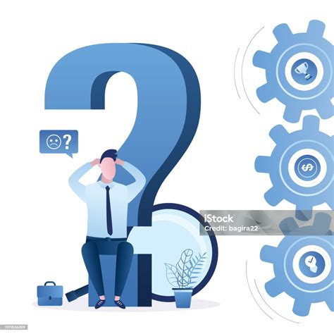 불행한 사업가는 큰 물음표에 앉아 생각하고 비즈니스 문제 해결 해답 찾기 브레인스토밍 개념에 대한 스톡 벡터 아트 및 기타 이미지 Istock