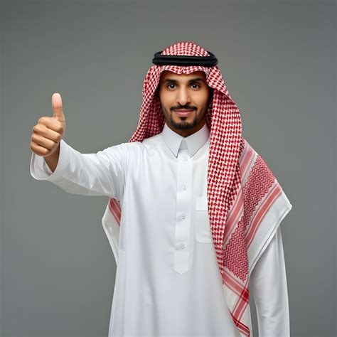 Arabian Man Wearing Traditional Thobe And Shemagh Raising His Hand In