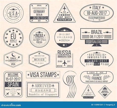 Set Of International Visa Stamps Vintage Travel Visa Passport Stamps