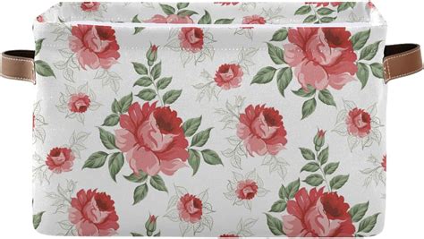 Hotbar Red Flowers Storage Basket With Handles Collapsible Storage Bins