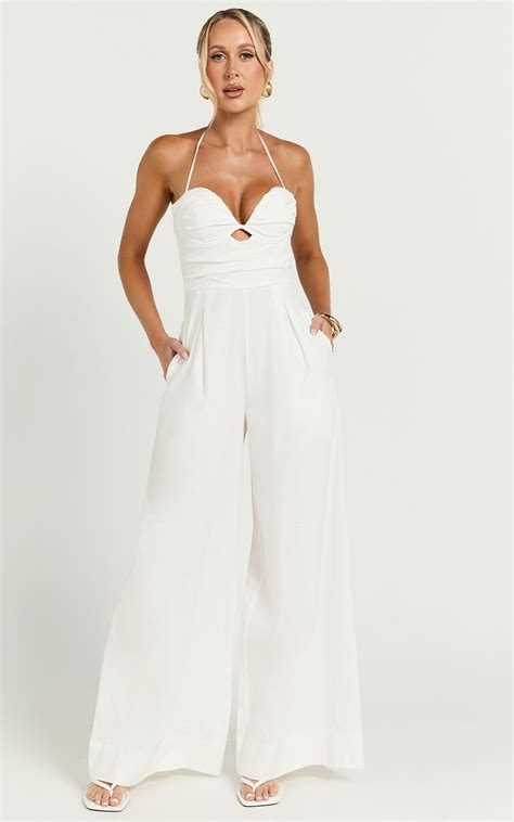 Norah Jumpsuit Linen Halter Neck Wide Leg Jumpsuit In White Showpo