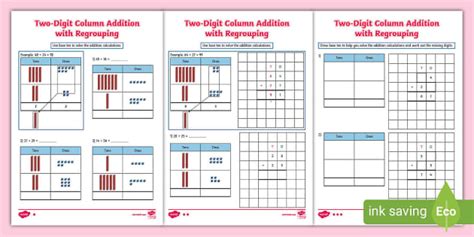 Ks2 Two Digit Column Addition With Regrouping Using Base Ten Worksheet
