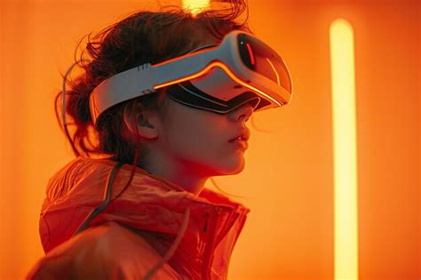 A Teenager In Futuristic And Vr Glasses Stands On An Orange Background Side View Orange Neon