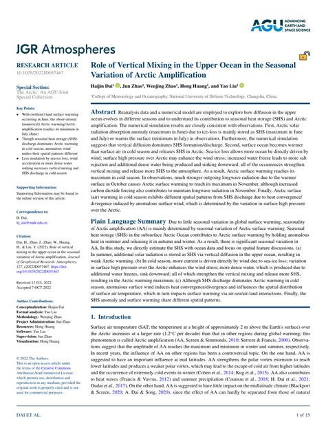 Pdf Role Of Vertical Mixing In The Upper Ocean In The Seasonal Variation Of Arctic Amplification