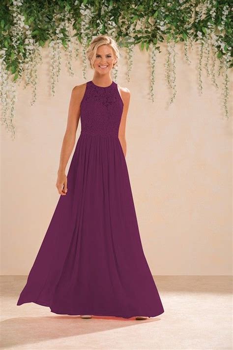 B183017 Long Jewel Neckline Lace And Poly Chiffon Bridesmaid Dress