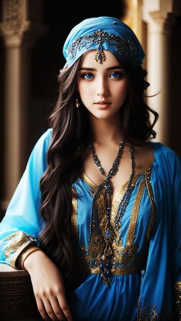 Premium Ai Image Girl With Dark Long Hair And Piscine Blue Eyes And
