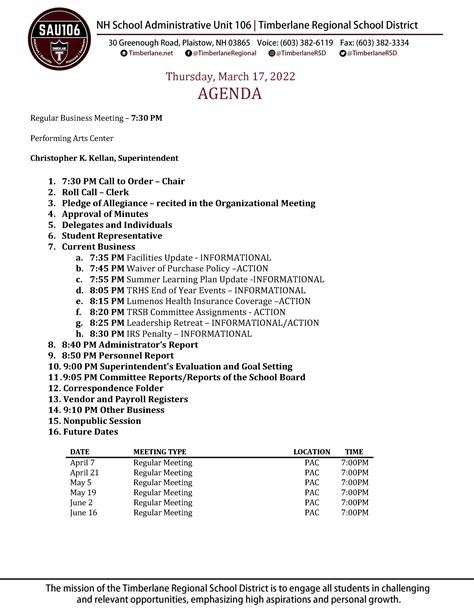 School Board Regular Meeting Agenda 3 17 2022 Timberlane Regional