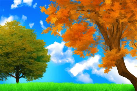 Cartoon Background With Green Grass Automn Leaves And Blue Sky