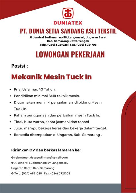 Lowongan Pekerjaan Mekanik Mesin Tuck In PT Dunia Setia Sandang Asli