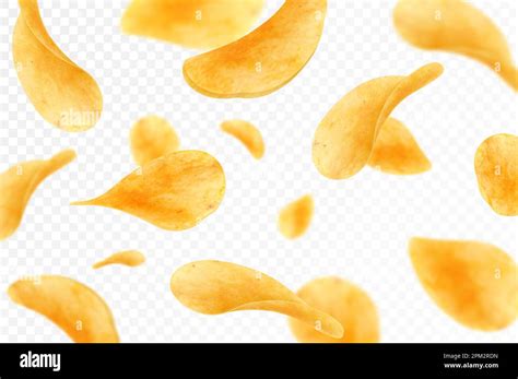 Flying And Falling Crispy Potato Chips Realistic Vector Background Thin Crunchy Slices Of Fried
