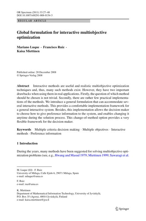 Pdf Global Formulation For Interactive Multiobjective Optimization