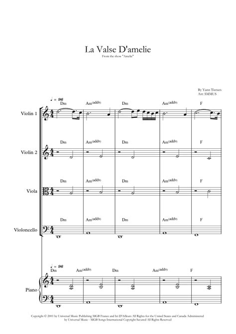 La Valse D Amelie Arr SMMUS Sheet Music Yann Tiersen String Quartet