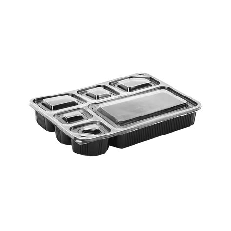 Black Base Rectangular 6 Compartment Container 150 Pieces Hotpack Bh