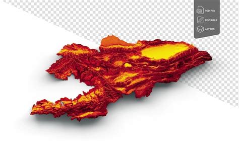 キルギスタン地図国旗色の赤と黄色の陰影立体図 3 D イラスト プレミアムpsdファイル