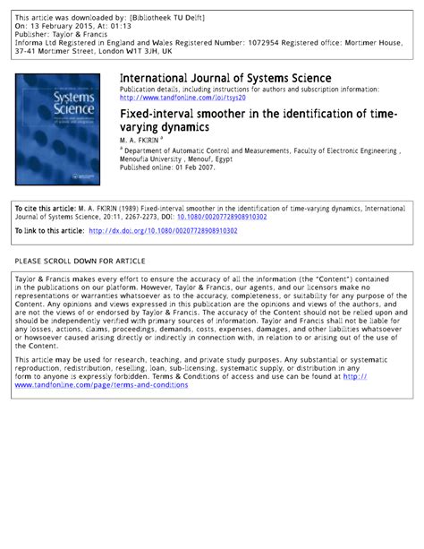 Pdf Fixed Interval Smoother In The Identification Of Time Varying Dynamics