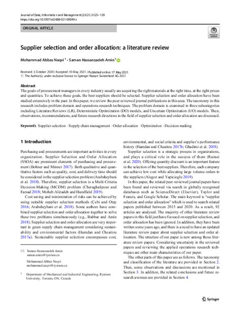 Pdf Supplier Selection And Order Allocation A Literature Review