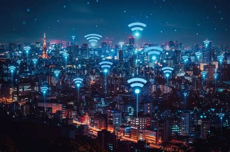 High Tech Cityscape With Glowing Wireless Network Icons Floating Above Symbolizing Connectivity