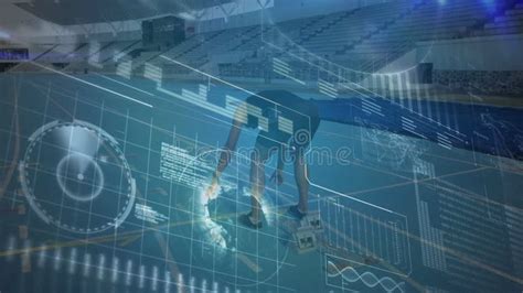 Animation Of Interface With Data Processing Over Male Athlete In Starting Position On Sports