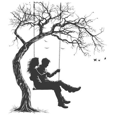 Pareja Joven Sentada En Un Columpio En El árbol Con Estilo De Grabado