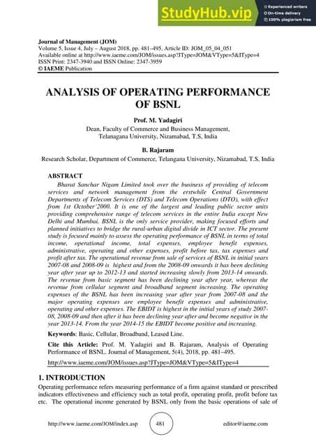 Analysis Of Operating Performance Of Bsnl Pdf