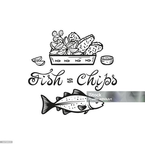 피시 앤 칩스 전통적인 영국 패스트 푸드 손으로 그린 낙서 스케치 대구 물고기 상자에 필레튀김과 감자 감자 튀김 해산물과 야채