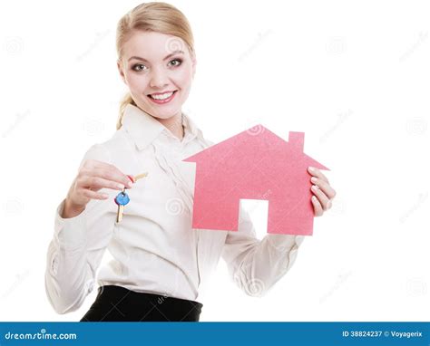 Real Estate Agent Holding Red Paper House Keys Stock Image Image Of