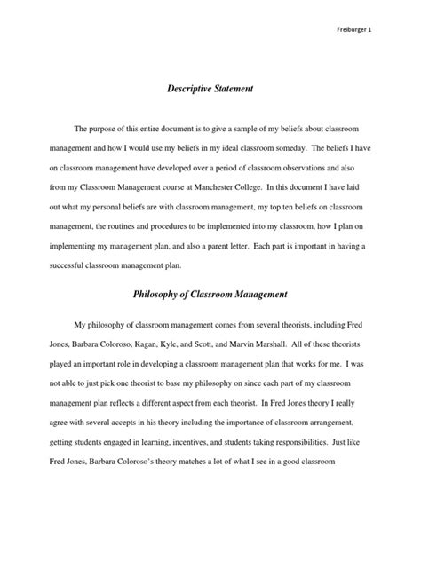 Philosophy Statement Of Classroom Management Template Pdf