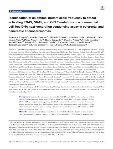 Pdf Identification Of An Optimal Mutant Allele Frequency To Detect Activating Kras Nras And