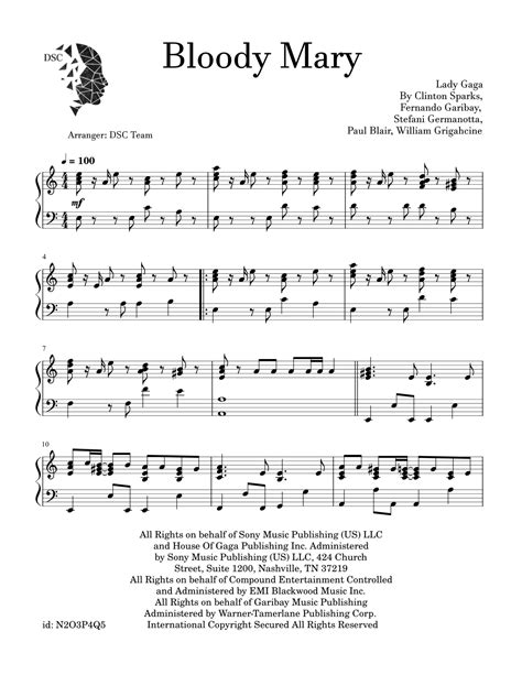 Bloody Mary Arr Digital Scores Collection Sheet Music Lady Gaga Piano Solo