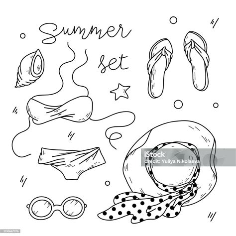 여름 아이템의 벡터 일러스트 레이 션입니다 모자 슬리퍼 수영복 0명에 대한 스톡 벡터 아트 및 기타 이미지 0명 가방 개인 장식품 Istock