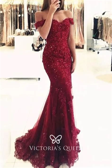Off The Shoulder Beaded Dark Red Mermaid Prom Dress Vq