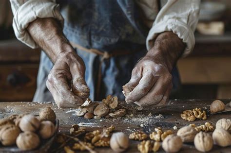 A Man Cracking Walnut At Wooden Table Closeup Premium Ai Generated Image