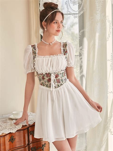 SHEIN MOD Vestido floral jacquard gola quadrada guarnição do laço manga bufante SHEIN Brasil